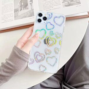 CEOKOK Compatible with iPhone 11 Pro Max Case Glitter Clear with Design Laser Holographic Heart Love Sparkly Cute Bling Hard PC & Soft TPU Shockproof Protective Phone Cover for Women Girls