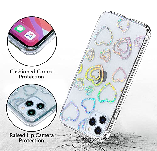 CEOKOK Compatible with iPhone 11 Pro Max Case Glitter Clear with Design Laser Holographic Heart Love Sparkly Cute Bling Hard PC & Soft TPU Shockproof Protective Phone Cover for Women Girls