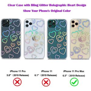 CEOKOK Compatible with iPhone 11 Pro Max Case Glitter Clear with Design Laser Holographic Heart Love Sparkly Cute Bling Hard PC & Soft TPU Shockproof Protective Phone Cover for Women Girls