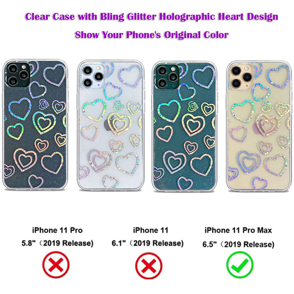 CEOKOK Compatible with iPhone 11 Pro Max Case Glitter Clear with Design Laser Holographic Heart Love Sparkly Cute Bling Hard PC & Soft TPU Shockproof Protective Phone Cover for Women Girls