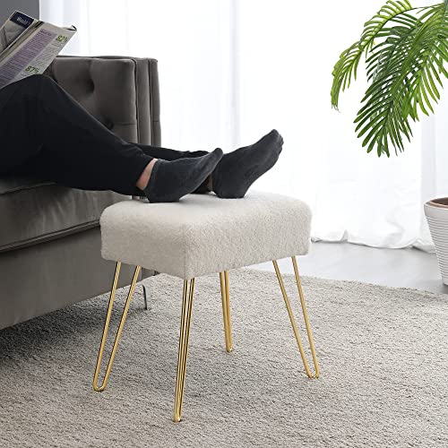 C COMFORTLAND Sherpa Fuzzy Bedroom Stool for Vanity Desk, Small Fluffy Makeup Chair for Dressing Table, Furry Rectangle Ottoman Foot Stool Bench for Bathroom, Living Room, Kids Room White