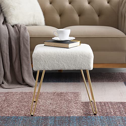 C COMFORTLAND Sherpa Fuzzy Bedroom Stool for Vanity Desk, Small Fluffy Makeup Chair for Dressing Table, Furry Rectangle Ottoman Foot Stool Bench for Bathroom, Living Room, Kids Room White