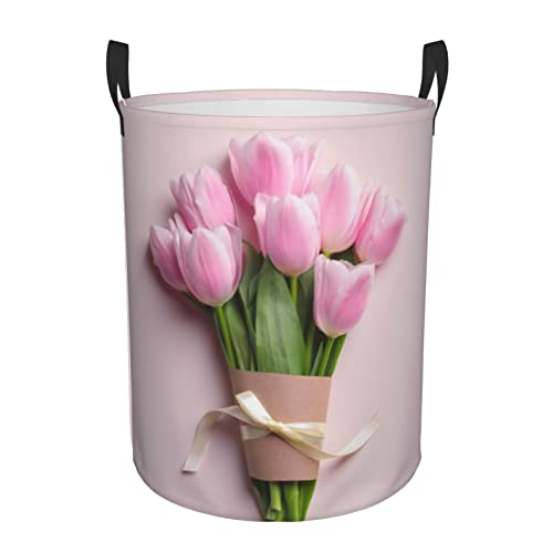 Pretty Pink Tulip Flower Laundry Basket for Women Teens Girls Room, Large Collapsible Floral Print Laundry Hamper Dirty Clothes Bag with Handles Washing Storage Bin for Clothes Toys Bedroom Bathroom