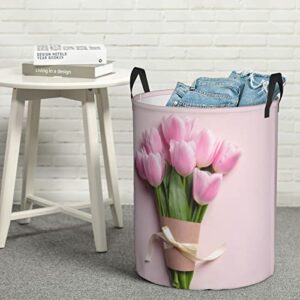 Pretty Pink Tulip Flower Laundry Basket for Women Teens Girls Room, Large Collapsible Floral Print Laundry Hamper Dirty Clothes Bag with Handles Washing Storage Bin for Clothes Toys Bedroom Bathroom