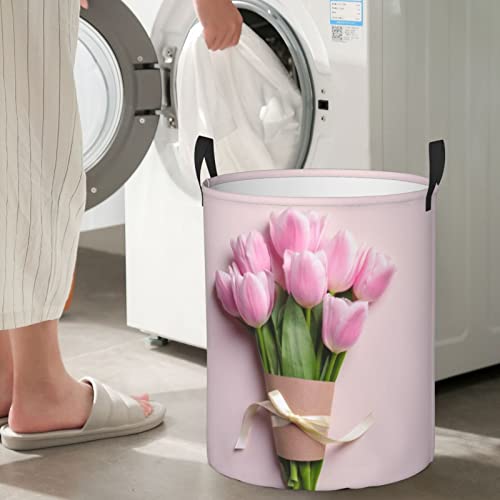 Pretty Pink Tulip Flower Laundry Basket for Women Teens Girls Room, Large Collapsible Floral Print Laundry Hamper Dirty Clothes Bag with Handles Washing Storage Bin for Clothes Toys Bedroom Bathroom