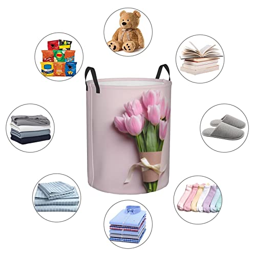 Pretty Pink Tulip Flower Laundry Basket for Women Teens Girls Room, Large Collapsible Floral Print Laundry Hamper Dirty Clothes Bag with Handles Washing Storage Bin for Clothes Toys Bedroom Bathroom