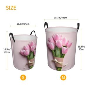 Pretty Pink Tulip Flower Laundry Basket for Women Teens Girls Room, Large Collapsible Floral Print Laundry Hamper Dirty Clothes Bag with Handles Washing Storage Bin for Clothes Toys Bedroom Bathroom