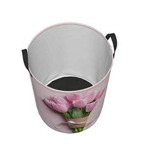 Pretty Pink Tulip Flower Laundry Basket for Women Teens Girls Room, Large Collapsible Floral Print Laundry Hamper Dirty Clothes Bag with Handles Washing Storage Bin for Clothes Toys Bedroom Bathroom