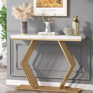 Tribesigns 42 inches Modern Gold Console Table with Geometric Metal Base, White Faux Marble Narrow Entryway Table Foyer Table for Entrance, Living Room, Hallway, Entryway