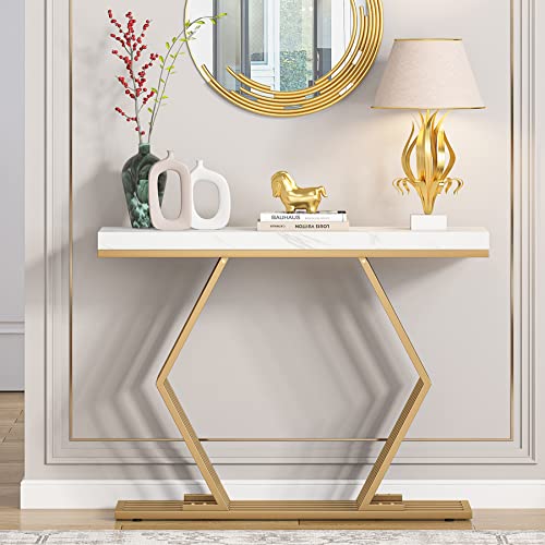 Tribesigns 42 inches Modern Gold Console Table with Geometric Metal Base, White Faux Marble Narrow Entryway Table Foyer Table for Entrance, Living Room, Hallway, Entryway