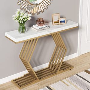 Tribesigns 42 inches Modern Gold Console Table with Geometric Metal Base, White Faux Marble Narrow Entryway Table Foyer Table for Entrance, Living Room, Hallway, Entryway