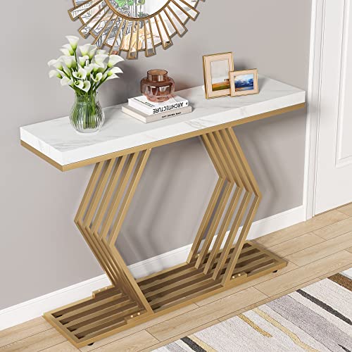 Tribesigns 42 inches Modern Gold Console Table with Geometric Metal Base, White Faux Marble Narrow Entryway Table Foyer Table for Entrance, Living Room, Hallway, Entryway