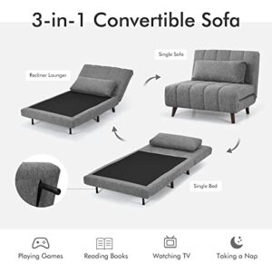 KOMFOTT Convertible Chair Bed, 3-in-1 Tri-Fold Sofa Bed with Solid Wood Legs, 3 Adjustable Backrest Positions, Modern Linen Fabric Sofa Sleeper with Pillow, Comfortable Sleeper Chair (Gray)