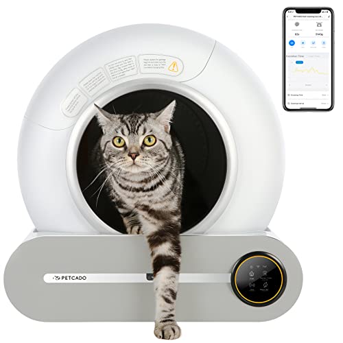 Self-Cleaning Cat Litter Box, Automatic Cat Litter Box PETCADO 24H for No Scooping with APP Control, Odor Removal, Safe Lock, Litter Mat, Quiet for Multiple Cats and All Kinds of Clumping Cat Litter