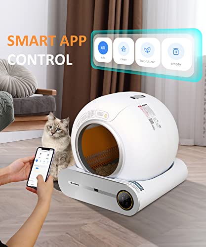 Self-Cleaning Cat Litter Box, Automatic Cat Litter Box PETCADO 24H for No Scooping with APP Control, Odor Removal, Safe Lock, Litter Mat, Quiet for Multiple Cats and All Kinds of Clumping Cat Litter