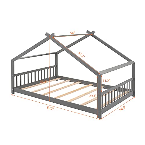 P PURLOVE Full Size House Bed for Kids, Teens,Wood Platform Bed with Headboard and Footboard,Toddlers House Floor Bed with Roof and Slat, No Box Spring Need,Espresso Bed Frame,Gray Bed Frame