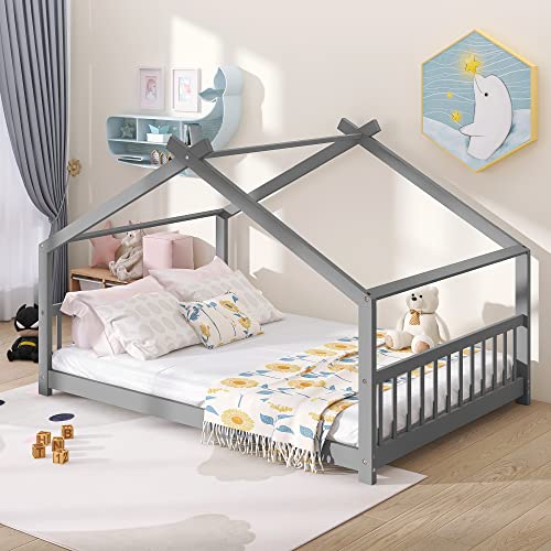 P PURLOVE Full Size House Bed for Kids, Teens,Wood Platform Bed with Headboard and Footboard,Toddlers House Floor Bed with Roof and Slat, No Box Spring Need,Espresso Bed Frame,Gray Bed Frame