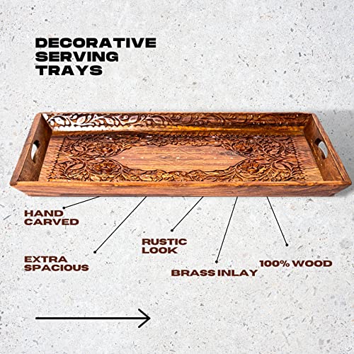 ZEDANU Decorative Tray Handcrafted Elegant Wooden ServingTray, Rustic Farmhouse Tray, Large Serving Tray 24 x 14 INCH, Coffee Table Tray with Brass Inlay, Extra Spacious Tray, Wedding Tray (Large)