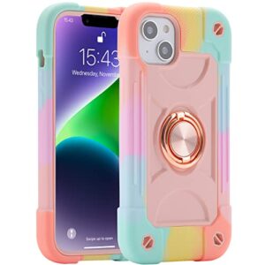 markill compatible with iphone 14 plus case 6.7 inch with ring stand, military grade drop protection full body rugged heavy duty protective cover for iphone 14 plus. (rainbow pink)