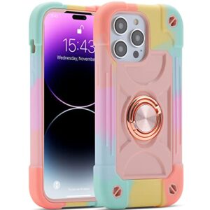 markill compatible with iphone 14 pro max case 6.7 inch with ring stand, [soft silicone and hard plastic ] heavy-duty military grade shockproof phone cover for iphone 14 pro max. (rainbow pink)