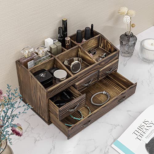 MyGift 7 Compartment Rustic Burnt Brown Wood Vanity Organizer Rack with 4 Storage Drawers for Jewelry, Perfume, Cosmetics and Hair Accessories