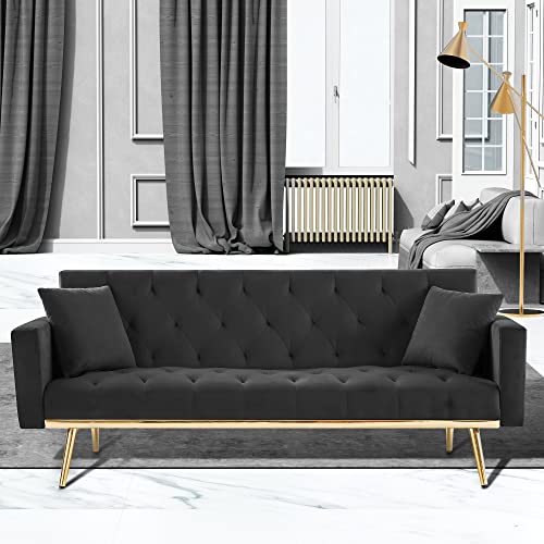 Velvet Sofa with 2 Throw Pillows,Chesterfield sofa Bed Living Room Couch with 4 Gold Metal Legs,W73" Convertible Folding Upholstered Couches,Loveseat sofas for small Spaces Bedroom Apartment (Black)