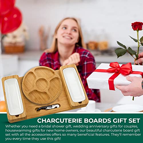 Bamboo Cheese Board Set - Charcuterie Boards Serving Platter - Magnetic Removable Side Boards - Gift for Housewarming, Anniversary, and Birthdays - Total of 3 Boards, 1 Round Tray, Wine Opener + Forks