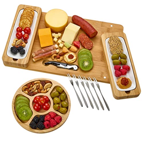 Bamboo Cheese Board Set - Charcuterie Boards Serving Platter - Magnetic Removable Side Boards - Gift for Housewarming, Anniversary, and Birthdays - Total of 3 Boards, 1 Round Tray, Wine Opener + Forks