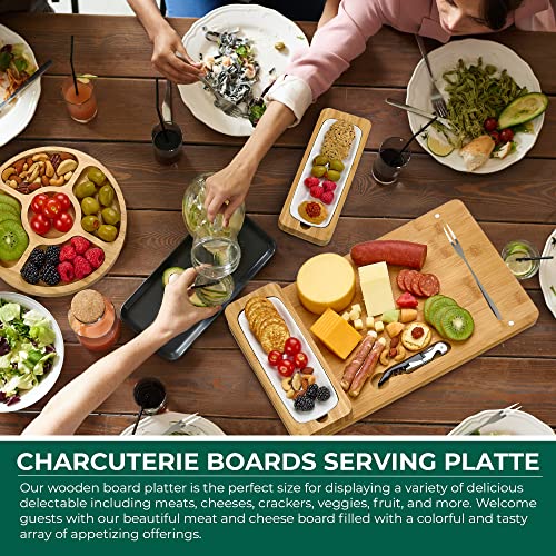 Bamboo Cheese Board Set - Charcuterie Boards Serving Platter - Magnetic Removable Side Boards - Gift for Housewarming, Anniversary, and Birthdays - Total of 3 Boards, 1 Round Tray, Wine Opener + Forks