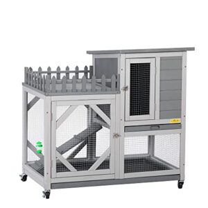 coziwow rabbit hutch with balcony,large rabbit cage bunny cage on wheels,guinea pig coop for indoor outdoor, ramp, pull-out tray, water bottle, gray