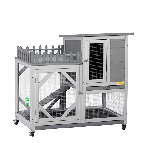 COZIWOW Rabbit Hutch with Balcony,Large Rabbit Cage Bunny Cage on Wheels,Guinea Pig Coop for Indoor Outdoor, Ramp, Pull-Out Tray, Water Bottle, Gray