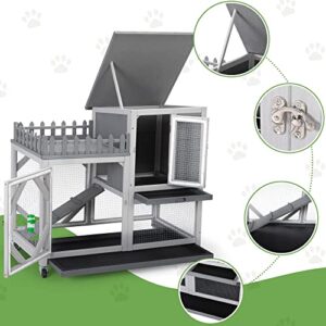 COZIWOW Rabbit Hutch with Balcony,Large Rabbit Cage Bunny Cage on Wheels,Guinea Pig Coop for Indoor Outdoor, Ramp, Pull-Out Tray, Water Bottle, Gray