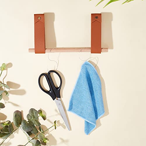 AHANDMAKER Leather Wall Hooks Kit, 2 Pcs Leather Straps Hanger Towel Hook with Wooden Dowel Rail & Screws Wall Mounted Hanging Strap Holder for Bathroom Bedroom Kitchen Handles Nordic Boho Decor