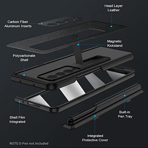 for Samsung Galaxy Z Fold 3 Case with S Pen Holder & Hinge Protection & Kickstand, Built-in Screen & Camera Lens Protection, Non-Slip Durable Leather Cover for Samsung Fold 3 5G 2021