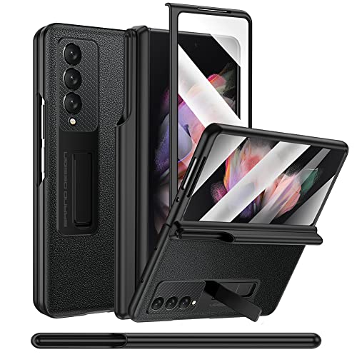 for Samsung Galaxy Z Fold 3 Case with S Pen Holder & Hinge Protection & Kickstand, Built-in Screen & Camera Lens Protection, Non-Slip Durable Leather Cover for Samsung Fold 3 5G 2021