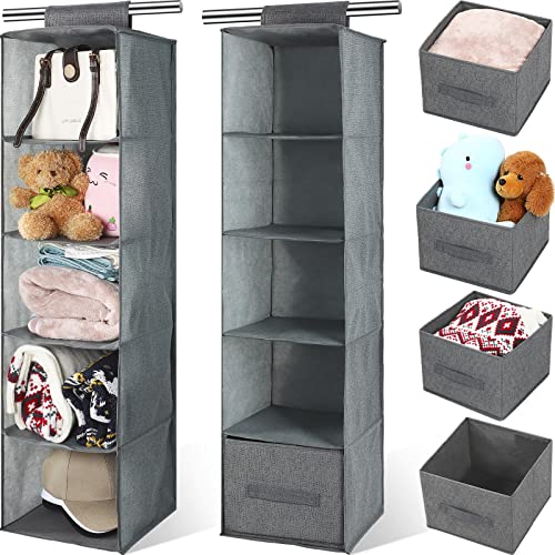 2 Pcs 5-Shelf Hanging Closet Organizer and 4 Pcs Removable Drawers, 11 x 11 x 39 Inch Hanging Storage Organizer Hanging Shelves for Closet Bedroom Dorm College Room, Clothes Socks Underwear Hat