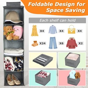 2 Pcs 5-Shelf Hanging Closet Organizer and 4 Pcs Removable Drawers, 11 x 11 x 39 Inch Hanging Storage Organizer Hanging Shelves for Closet Bedroom Dorm College Room, Clothes Socks Underwear Hat