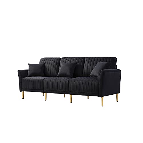 Tmosi 78'' Modern Velvet Upholstered Sofa Couch,3 Seater Sofa with Removable Backrest Pillows,3-Seat Sofa with Gold Metal Legs for Living Room,Bedroom,Office,Apartment (Black, 3 Seater)