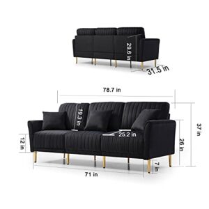 Tmosi 78'' Modern Velvet Upholstered Sofa Couch,3 Seater Sofa with Removable Backrest Pillows,3-Seat Sofa with Gold Metal Legs for Living Room,Bedroom,Office,Apartment (Black, 3 Seater)