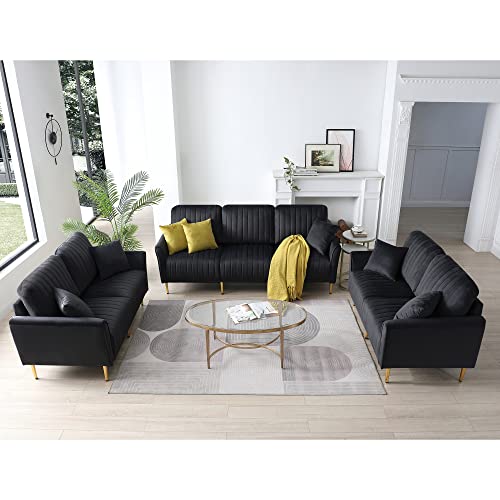 Tmosi 78'' Modern Velvet Upholstered Sofa Couch,3 Seater Sofa with Removable Backrest Pillows,3-Seat Sofa with Gold Metal Legs for Living Room,Bedroom,Office,Apartment (Black, 3 Seater)