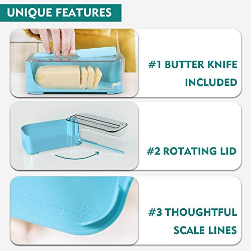 Butter Dish with Lid and Knife,Airtight Butter Container Covered Butter Dish for Countertop or Fridge,ABS Plastic Butter Dishes with an Attached Flip-Top Lid (Blue)