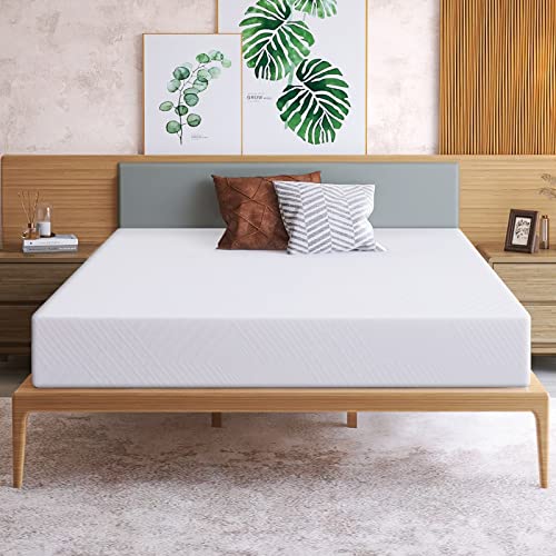 Opoiar 10 Inch Queen Mattress, Green Tea Memory Foam Mattress Queen Size in a Box,Medium Firm Feel Gel Infused Mattress with White Cover,Supportive,Made in USA,CertiPUR-US