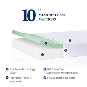 Opoiar 10 Inch Queen Mattress, Green Tea Memory Foam Mattress Queen Size in a Box,Medium Firm Feel Gel Infused Mattress with White Cover,Supportive,Made in USA,CertiPUR-US