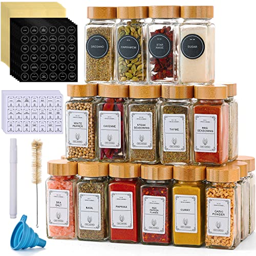 24 Pcs Spice Jars with Labels - 4 oz Glass Spice Jars with Bamboo Lids, Minimalist Farmhouse Spice Labels Stickers, Collapsible Funnel, Seasoning Storage Bottles for Spice Rack, Cabinet, Drawer