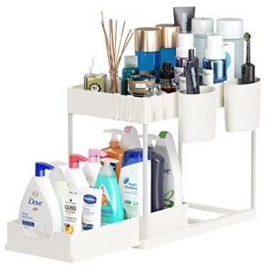 bewave under sink organizers and storage, 2 tier under sliding cabinet storage with hooks and basket, multipurpose under sink rack for bathroom kitchen countertop laundry, 1 pack, white