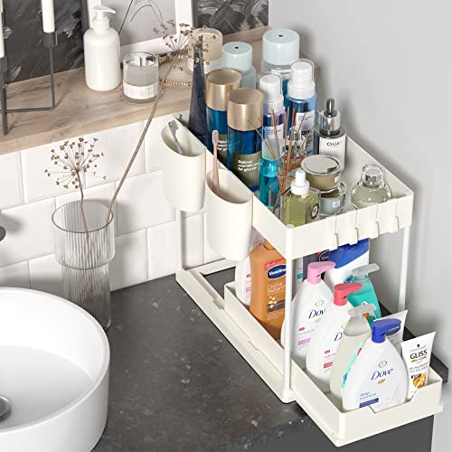 BEWAVE Under Sink Organizers and Storage, 2 Tier Under Sliding Cabinet Storage with Hooks and Basket, Multipurpose Under Sink Rack for Bathroom Kitchen Countertop Laundry, 1 Pack, White