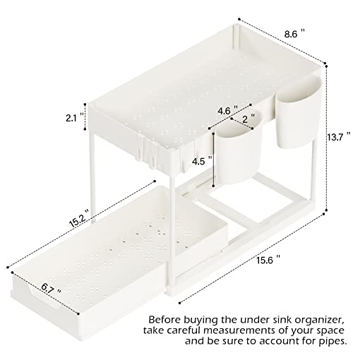 BEWAVE Under Sink Organizers and Storage, 2 Tier Under Sliding Cabinet Storage with Hooks and Basket, Multipurpose Under Sink Rack for Bathroom Kitchen Countertop Laundry, 1 Pack, White