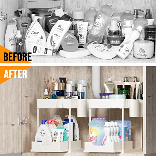 BEWAVE Under Sink Organizers and Storage, 2 Tier Under Sliding Cabinet Storage with Hooks and Basket, Multipurpose Under Sink Rack for Bathroom Kitchen Countertop Laundry, 1 Pack, White