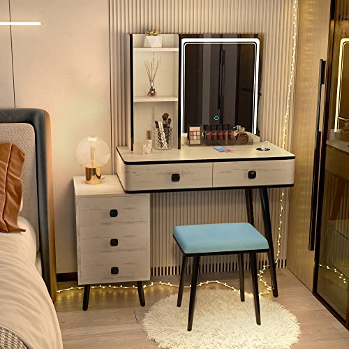 LVSOMT Vanity Desk with 3-Color Lighted Mirror, Makeup Vanity Table Set with Lights & Charging Station, 5 Drawers, Shelves, Dressing Table with Stool for Women Girls (White)