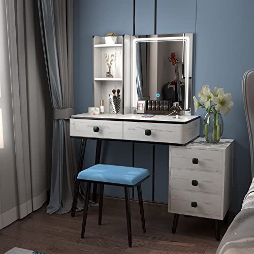 LVSOMT Vanity Desk with 3-Color Lighted Mirror, Makeup Vanity Table Set with Lights & Charging Station, 5 Drawers, Shelves, Dressing Table with Stool for Women Girls (White)